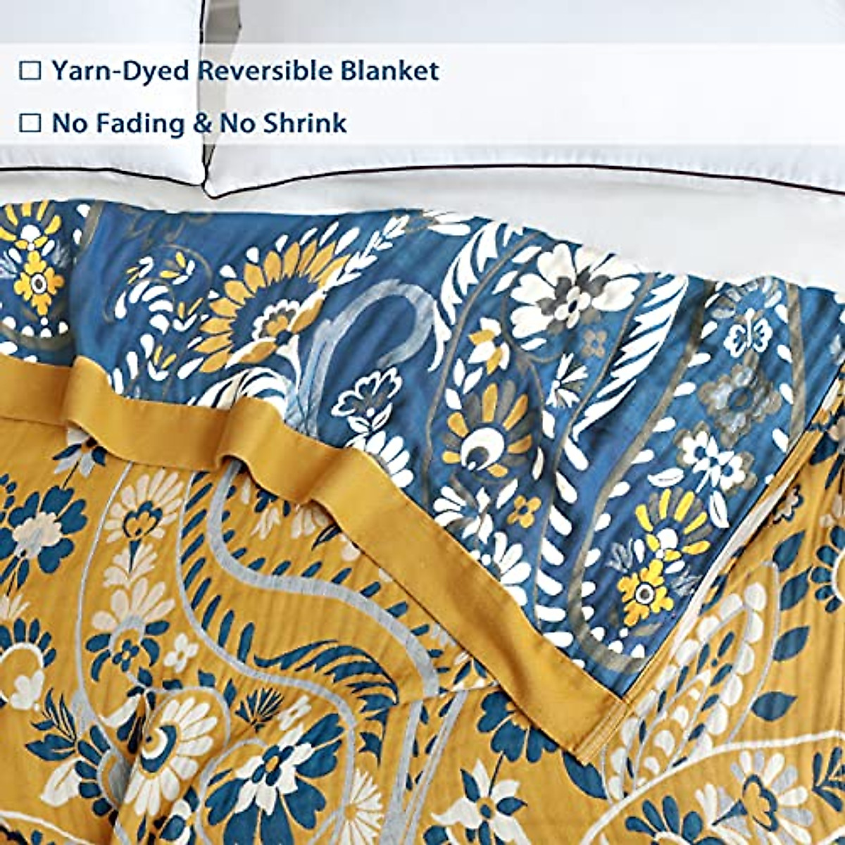 Heather Touch Boho Cotton Blanket Queen Christmas Blanket 4-Layer Yellow Decorative Blanket for Bed Sofa Couch Travel 78x90 inches Ginger/Mustard