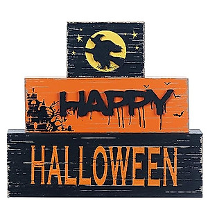Halloween Decorations Indoor, DECSPAS 3-Layered Witch Wooden Block Halloween Decor, Orange Black HAPPY HALLOWEEN Sign Hocus Pocus Decorations for Home, Gothic Decor for Halloween Party Decorations