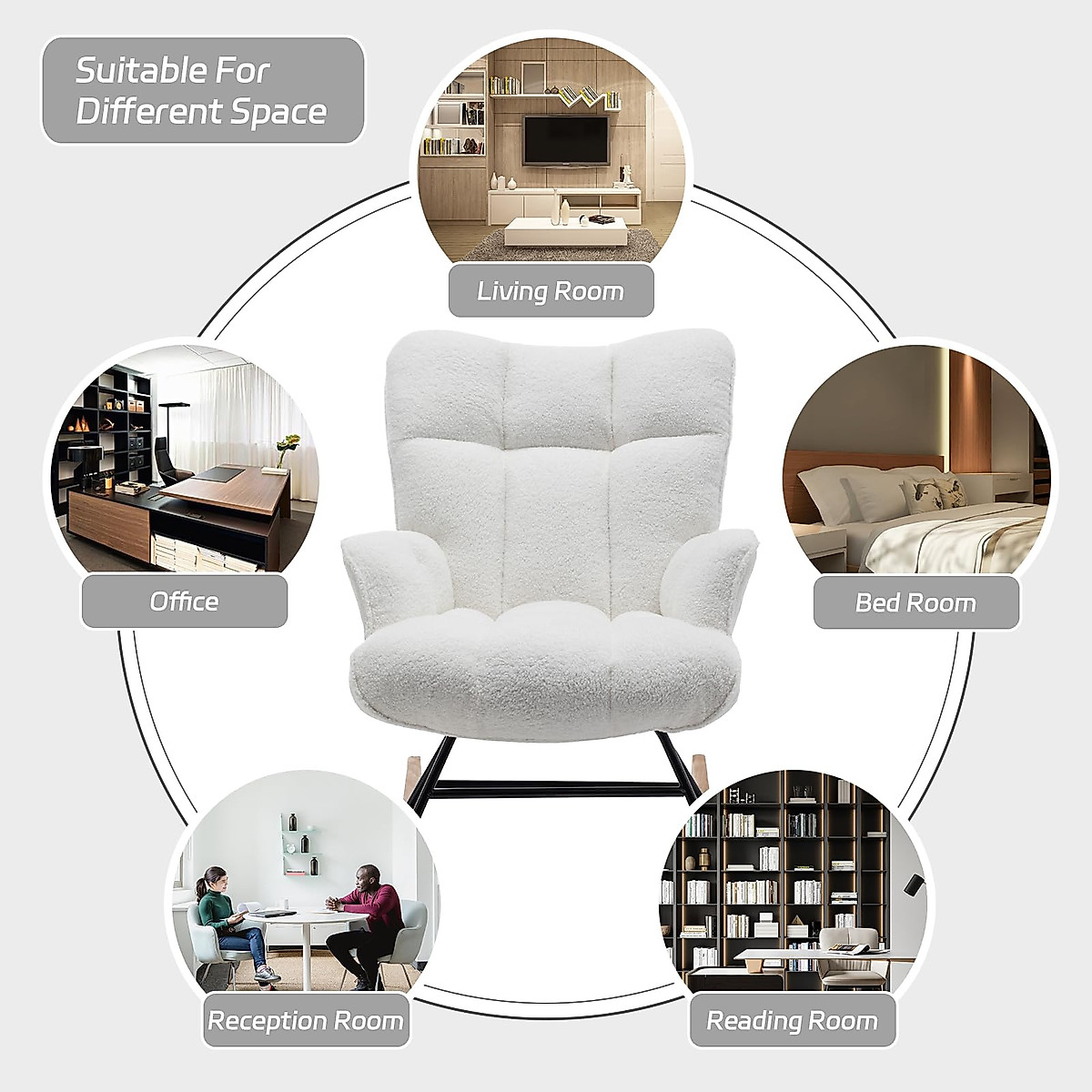 SAETSFEG Nursery Rocking Chair Teddy, Upholstered Glider Rocker with High Backrest, Comfortable Stylish Accent Armchair with Padded Seat for Living Rooms, Bedrooms, White