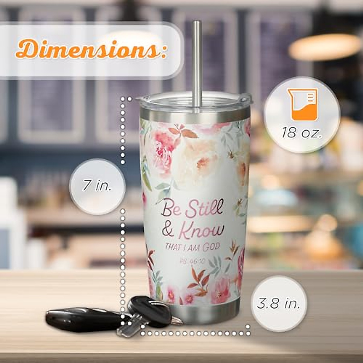 Christian Art Gifts Reusable Stainless Steel Scripture Travel Mug Tumbler w/Straw for Women: Be Still & Know, Double Wall Vacuum Insulated, Pop-up Lid, Hot/Cold, White & Peach Multicolor Floral, 18 oz