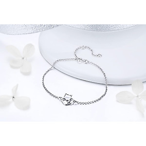 RUKYF 925 Sterling Silver Cat Charm Bracelets for Women Adjustable Cats Love Charm Bracelet Cute Cat Gifts for Cat Lovers