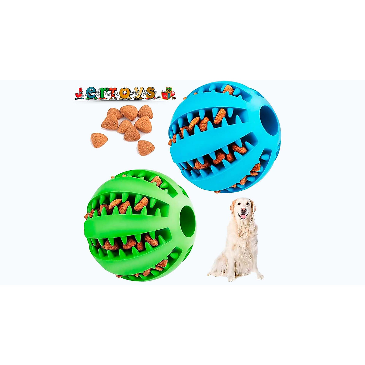 Jertoys Juguetes, Pelota para Perros Indestructible. Bola masticable resistente a las mordeduras con comedero en sus ranuras Ideal para la limpieza de dientes y entretemiento de sus mascotas (Blue)