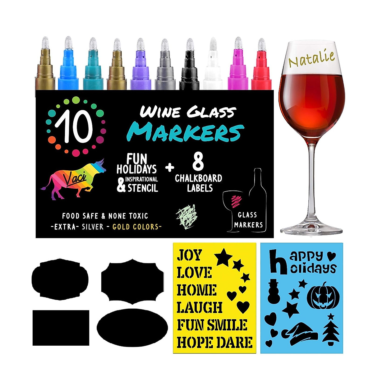 Wine Glass Markers, Pack of 10 By Vaci + Stencils + Glass Lables, Metallic Color Pens Drink Markers, Personalize your Drink, Washable Wine Accessories Gift