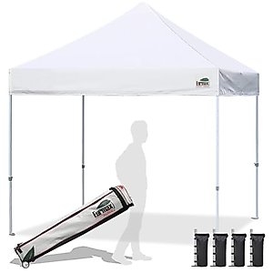 Eurmax USA Signature 10x10ft Patio Pop Up Canopy Tent for Outdoor Events Commercial Instant Canopies with Heavy Duty Roller Bag,Bonus 4 Canopy Sand Bags (White)