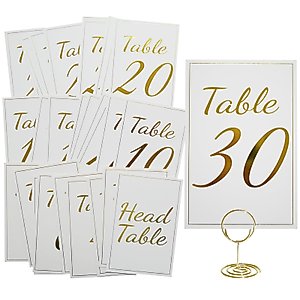 Gold Table Number Cards with Holders, 1-30 Gold Place Cards with Stands, 4x6" Double Sided Table Place Cards, Table Sign with Stands for Wedding Reception Event Party Restaurant Centerpieces Decor