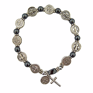CB Silver Tone Saint Benedict Medal Hematite Bead Rosary Bracelet, 7 1/2 Inch