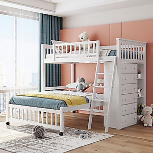 Bellemave Twin Over Full Bunk Bed with Storage 6 Drawers Cabinet and 3 Shelves Bookcase Wood Loft Beds Frame Size Platform Wheels Mordern Bunked for Kids Boys Girls Teens, White