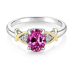 Gem Stone King 1.73 Cttw 2 Tone 10K Yellow Gold and 925 Sterling Silver Pink Created Sapphire and White Lab Grown Diamond Engagement Ring For Women | Oval 8X6MM | Available in Size 5,6,7,8,9