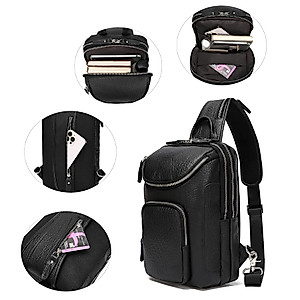 LANNSYNE Men's Vintage Full Grain Leather Sling Bag, Crossbody Chest Daypack fits 10.5" iPad, Black