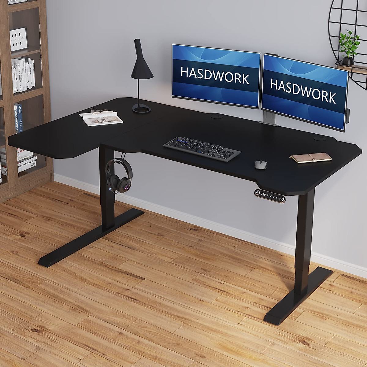 HASDWORK Electric L Shape 59 Inches Standing Desk, Height Adjustable Sit Stand Up Computer Table, Large Modern Smart Ergonomic Home Office Workstation with Splice Board Black Top + Black Frame