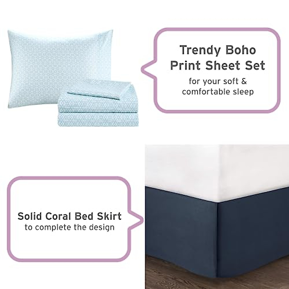 Intelligent Design Complete Bed In A Bag Casual Boho Comforter with Sheet Set Decorative Pillow, All Season Bedding Set, Twin, Loretta Navy 7 Piece