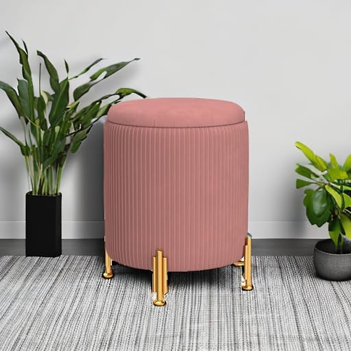 Mxfurhawa Round Ottoman Foot Stool with Storage and Metal Legs for Living Room Bedroom, Velvet Upholstered Footrest Stool Support 300lbs Modern Padded Seat Ottoman Coffee Table (Dusty Rose)
