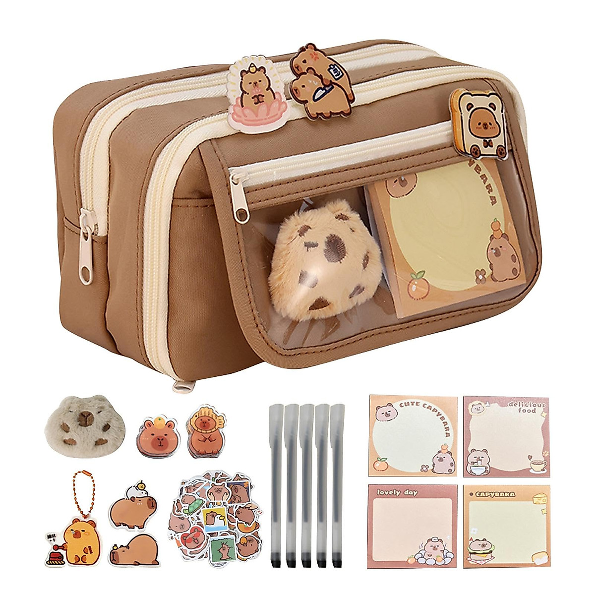 GUANGLU Cute Capybara Pencil Case, Capybara School Supplies, Clear Aesthetic Pencil Pouch with Cute Capybara Pins and Plush, Large Capacity Multi-layers Pen Case