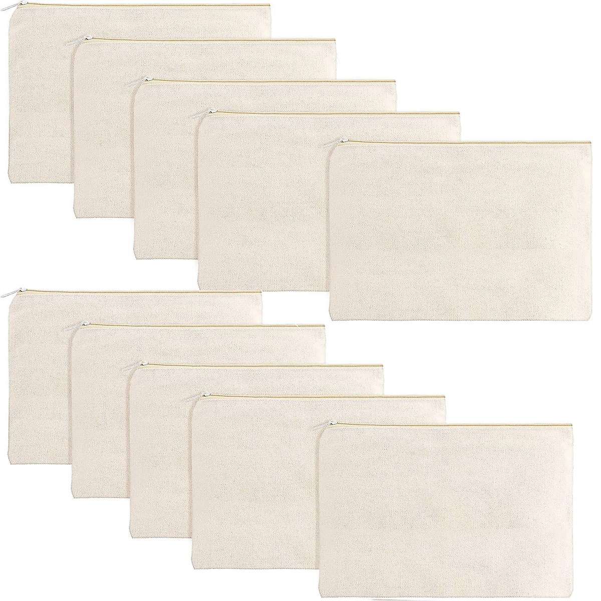 Juinelate 10 Pack Large Blank Canvas Makeup Multi-Purpose Cosmetics Bag with Zipper, Beige