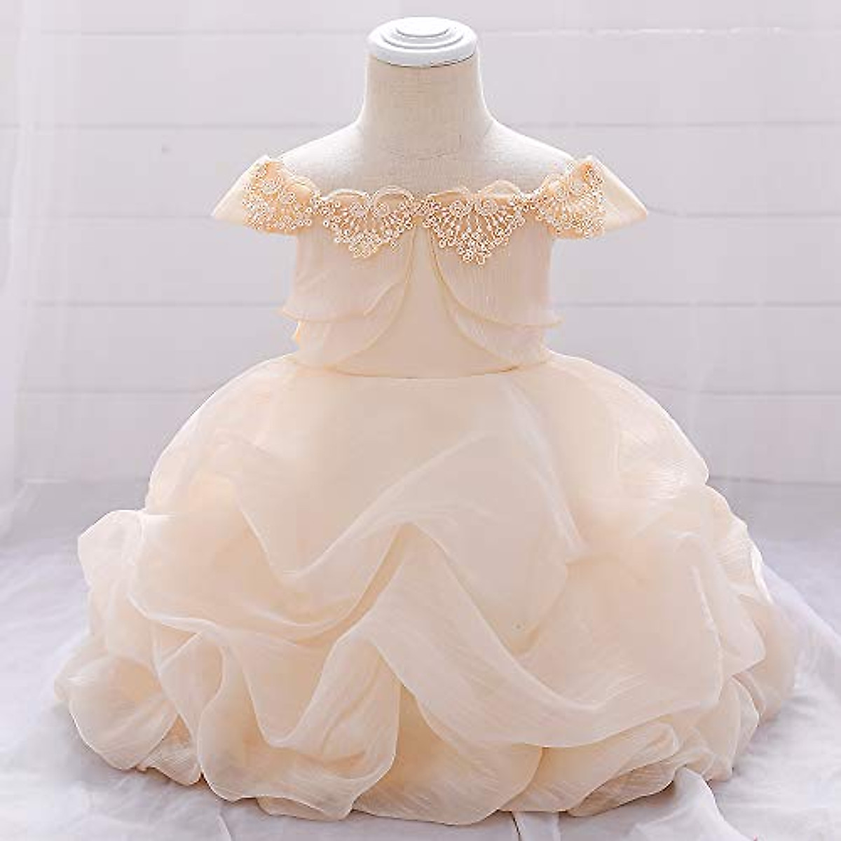 6M-5T Sequins Embroidered Lace Shoulder Off Princess Dress Toddler Baby Girls Wedding Bridesmaid Party Dresses Golden 70