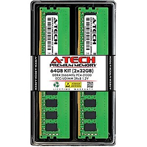 A-Tech Server 64GB Kit (2 x 32GB) 2Rx8 PC4-21300 DDR4 2666MHz ECC Unbuffered UDIMM 288-Pin Dual Rank DIMM 1.2V Workstation Server Memory RAM Upgrade Stick Modules (A-Tech Enterprise Series)