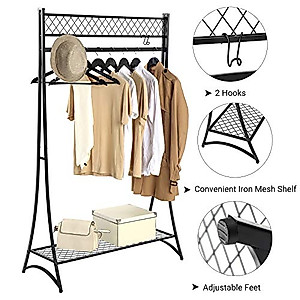 SONGMICS Clothes Garment Rack, Holds 110 lb, Elegant Tower Design, Grid Mesh Bottom Shelf, Clothing Rack for Bedroom Entryway, 37 x 15.9 x 64.6 Inches, Matte Black