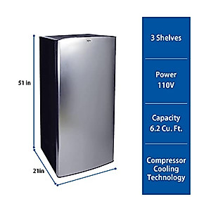 Koolatron Stainless Steel Compact Fridge with Freezer, 6.2 cu ft (176L), Silver/Black, Space-Saving Flat Back, 0.9 cu ft (25.5L) Freezer, Tempered Glass Shelves, Basement, Office, Cottage, Home Bar