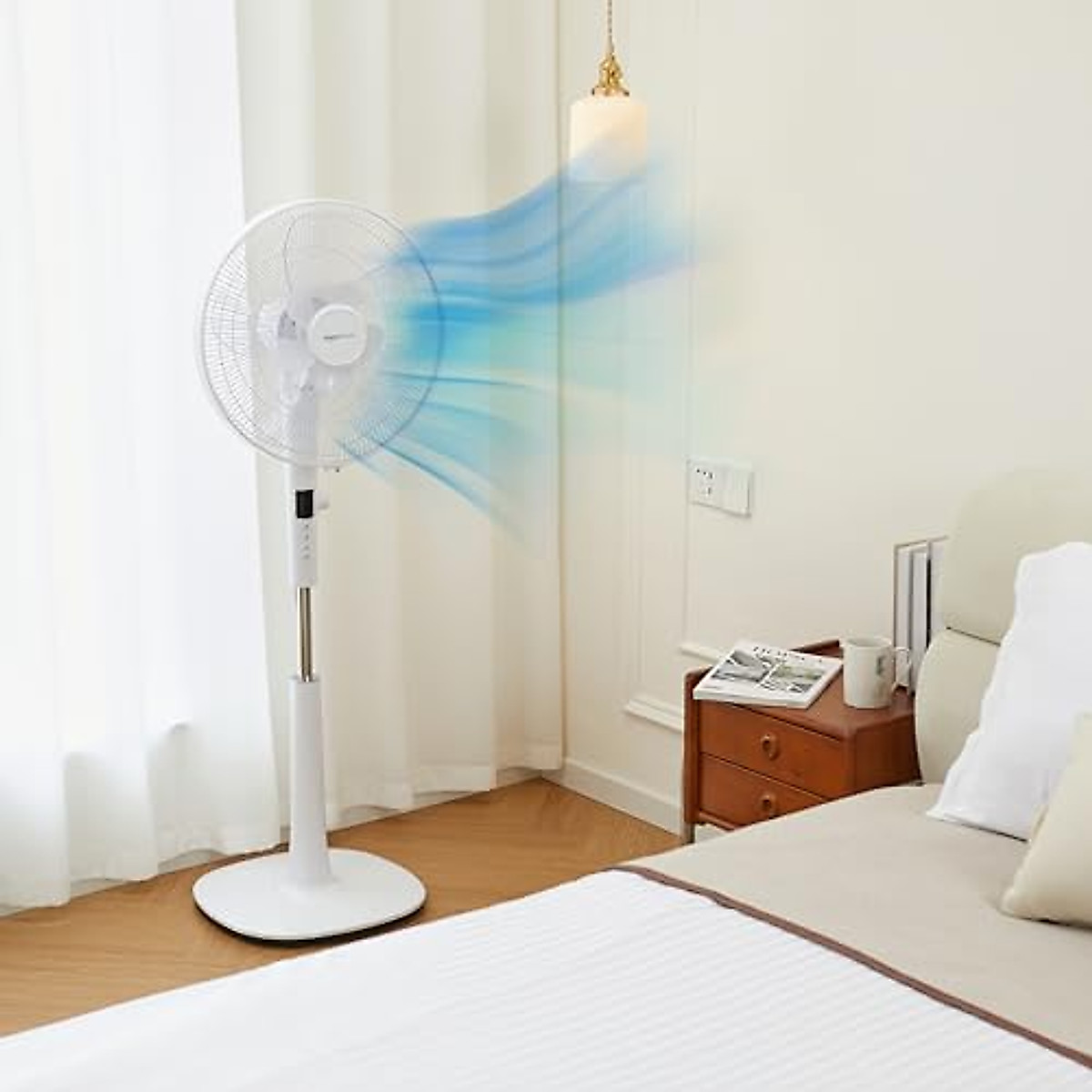 Amazon Basics 16-Inch 12-Speed Pedestal Floor Fan, Standing Fan for Home, with Oscillating Dual Blades, Remote Control, Ultra Quiet and Energy-Efficient DC Motor, Timer, Tilted Head, White