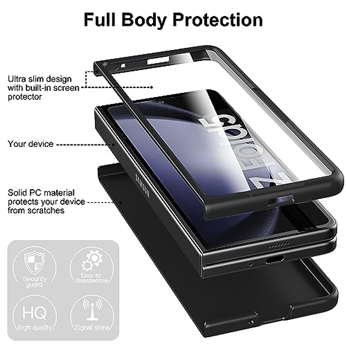 Foluu Slim Fit Case for Samsung Galaxy Z Fold 5 Case, with Front Built-in Screen Protector, Ultra Thin Matte PC Protective Cover for Samsung Galaxy Z Fold5 5G 2023 (Black)