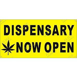 22" X 44" DISPENSARY NOW OPEN Vinyl Banner Sign (Design #8), Existing Text Change Available (Optional)