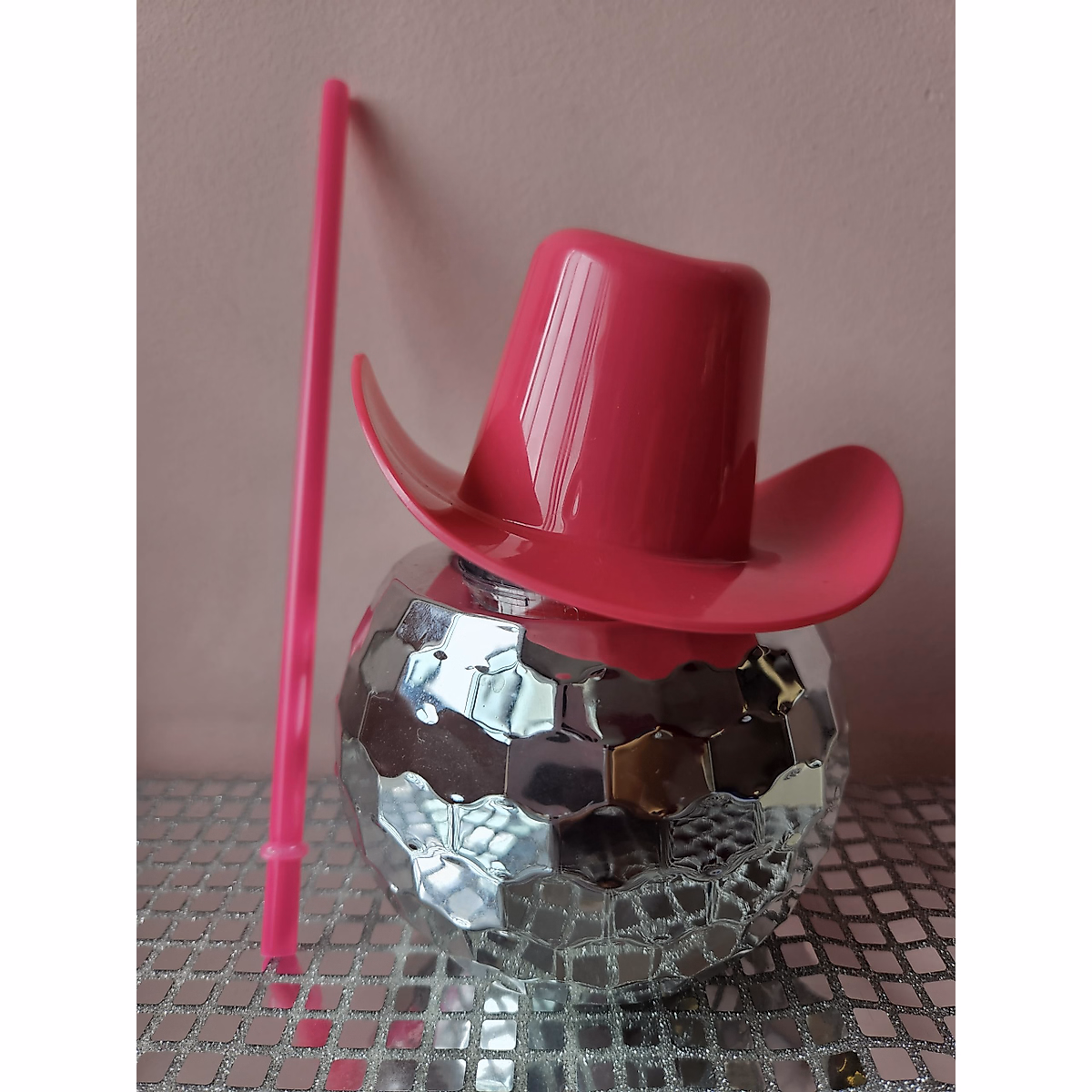 thepinkcow Hot Pink Cowboy Hat Disco Ball Cups, Glitter Shiny Cocktail Tumbler, Space Cowboy Cowgirl Birthday Bachelorette Western Themed Party Decorations Supplies, Rodeo Party Cups, Set of 8