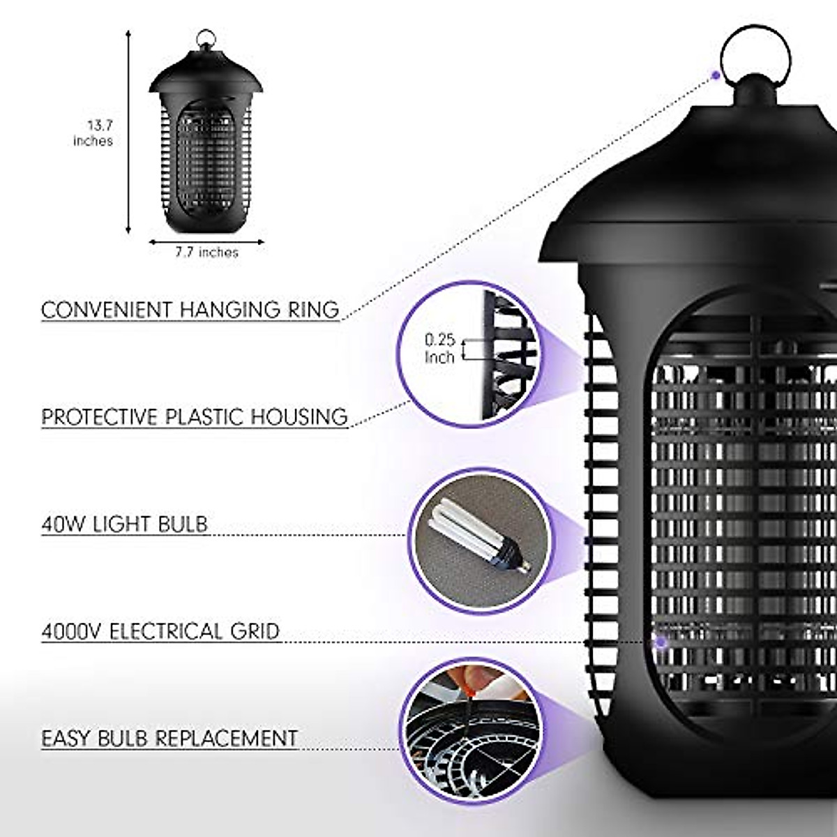White Kaiman 40 Watt w/ 4000 Volt Outdoor Bug Zapper IP24 Weatherproof Indoor or Outdoor Mosquito Zapper