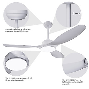 Wozzio 52 Inch Ceiling Fans with Lights Remote Control,White Modern Ceiling Fan 22W Dimmable LED Light,3 Reversible Blades,DC Motor 6 Speed Ceiling Fan for Bedroom Living Room Kitchen Home Office