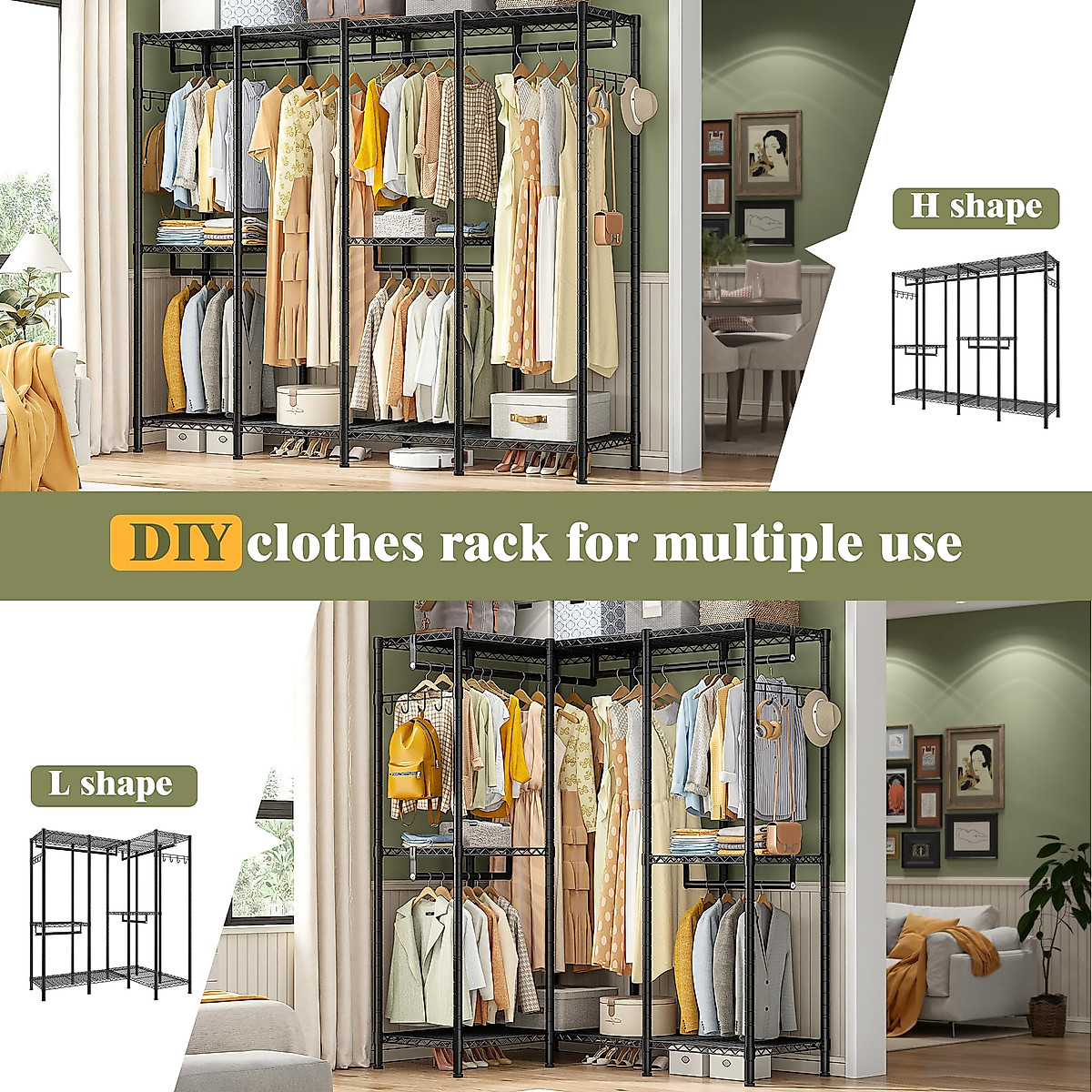 Raybee Clothes Rack, Clothing Rack Heavy Duty Clothing Racks for Hanging Clothes 910LBS, Metal Garment Rack Heavy Duty Clothes Rack Freestanding Wardrobe Closet Rack, 75" H x 75" W x 15.7" D, Black