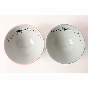 Mino ware Japanese Pottery Pair Rice Bowl Black Cats & Foot Prints Blue & Pink made in Japan (Japan Import) MIG005
