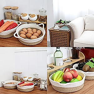 Sea Team 2-Pack Cotton Rope Baskets, 10 x 3 Inches Small Woven Storage Basket, Fabric Tray, Bowl, Round Open Dish for Fruits, Jewelry, Keys, Sewing Kits (Flaxen & White)
