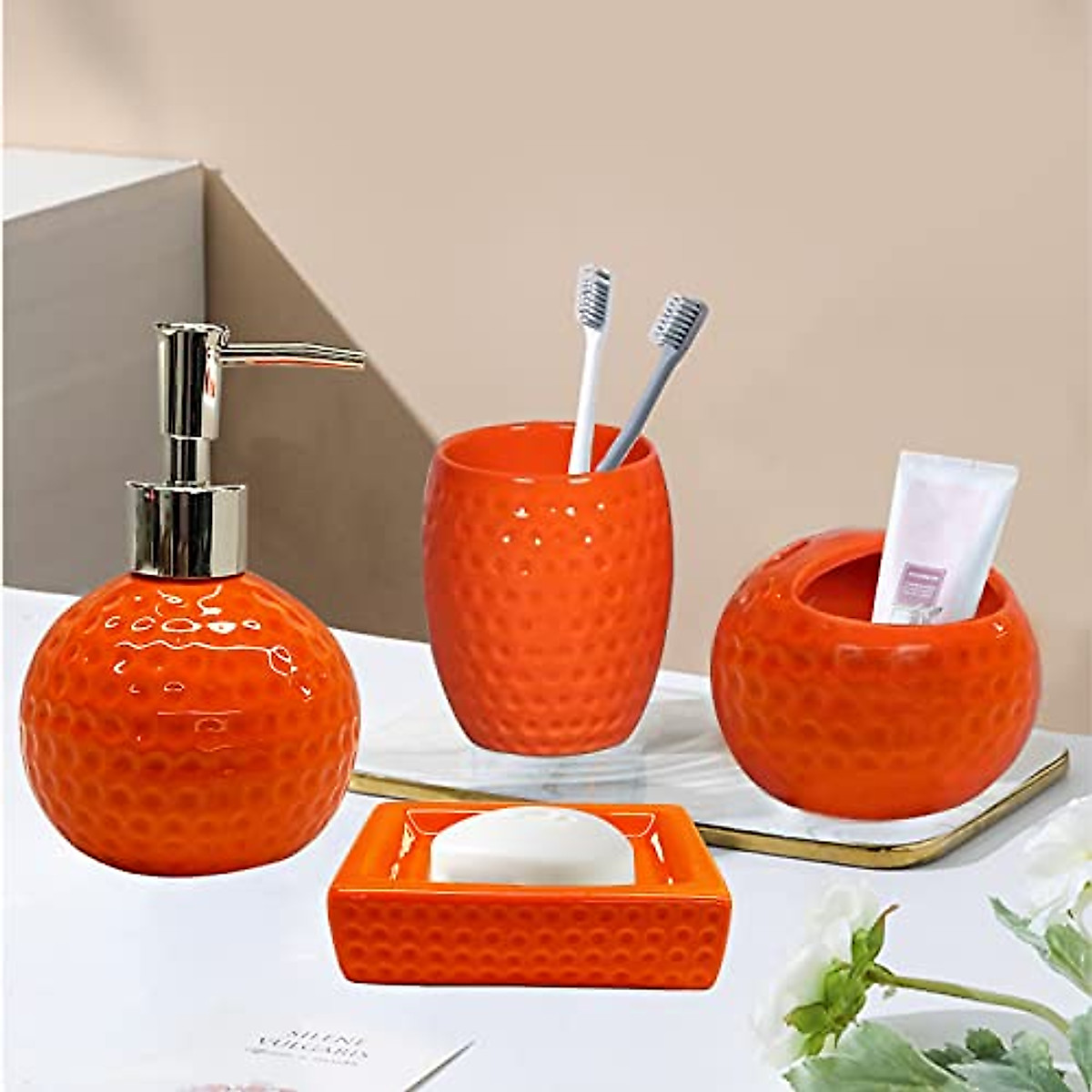 LISANEK Bathroom Accessories Set 4 Piece Ceramic Bathroom Accessories Decoration Set with Lotion Dispenser, Soap Dish,Cup,Toothbrush Holder (Orange)