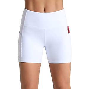 Wjustforu Women's 5" High Waist Biker Shorts Tummy Control Compression Yoga Short Tight Shorts for Workout Running (White, Medium)