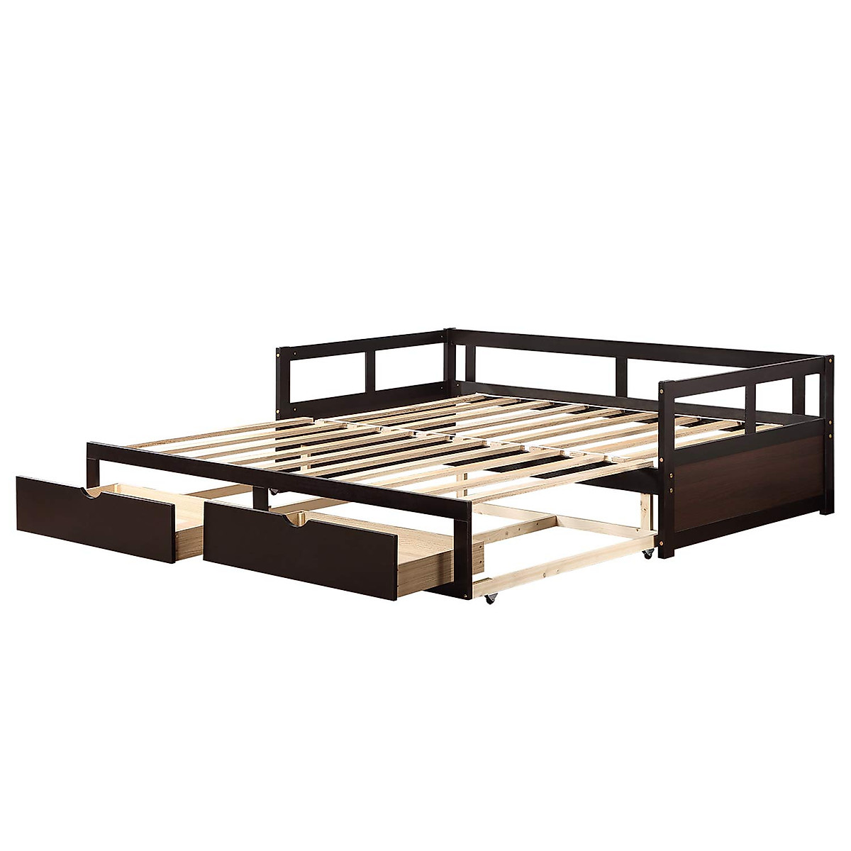 LERFAN Wooden Daybed Extendable Bed with Trundle Bed and Two Storage Drawers, can be Expanded from Twin Size to King Size, 78.2" L x 79" W x 23.2" H Espresso