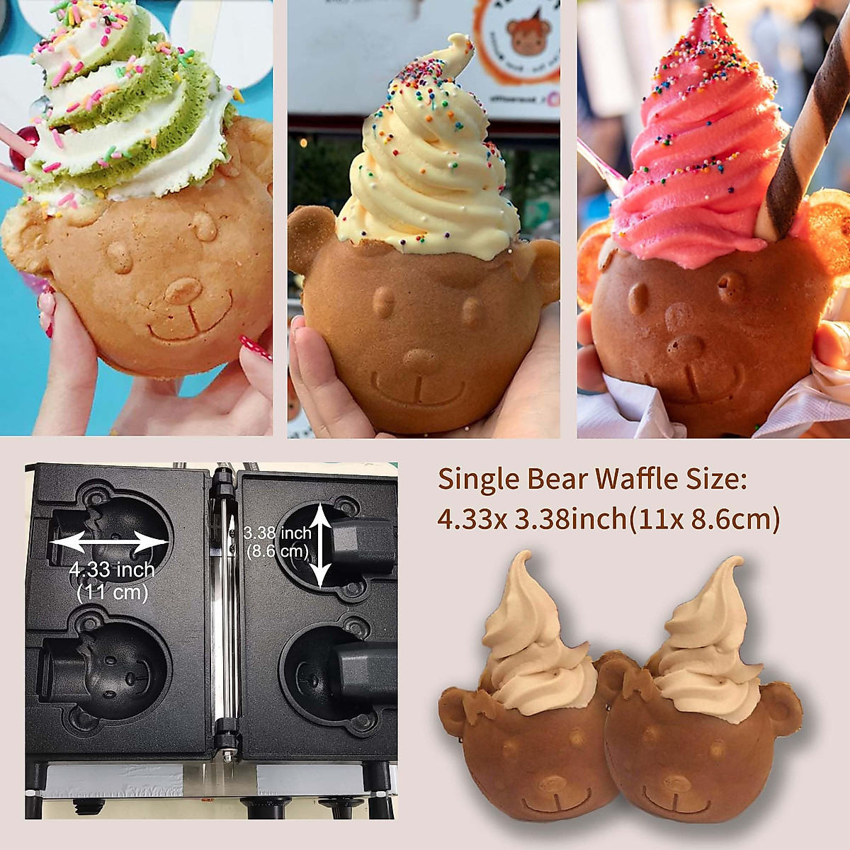 Generic Yovtekc 2PCS Open Mouth Bear Shaped Waffle Maker, Electric Ice Cream Bear Waffle Maker, Commercial Waffle Maker Machine for Restaurant Snack Bar, Non-Stick Inner 1600W 110V, 35*41*32cm