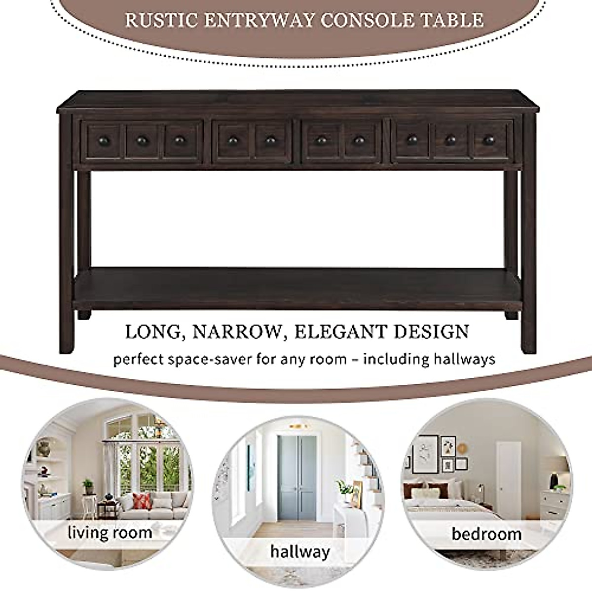 HABITRIO Antique Entry Console Table with Storage Drawers, 60" Long Sofa Table with Two Different Size Drawers and Bottom Shelf for Storage, Living Room Narrow Sofa Entry Table, Entryway (Espresso)