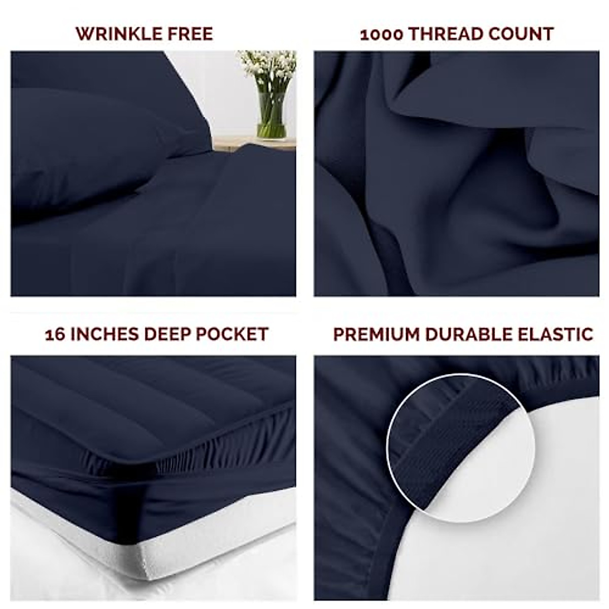 Saaz Linen 1000 Thread Count Full Size Sheet Set - 100% Egyptian Cotton Hotel Luxury Collection Bedding Sheets - Fits Upto 16 Inch Deep Pocket - Sateen Weave Solid 4 Piece Sheets Set (Navy Blue)