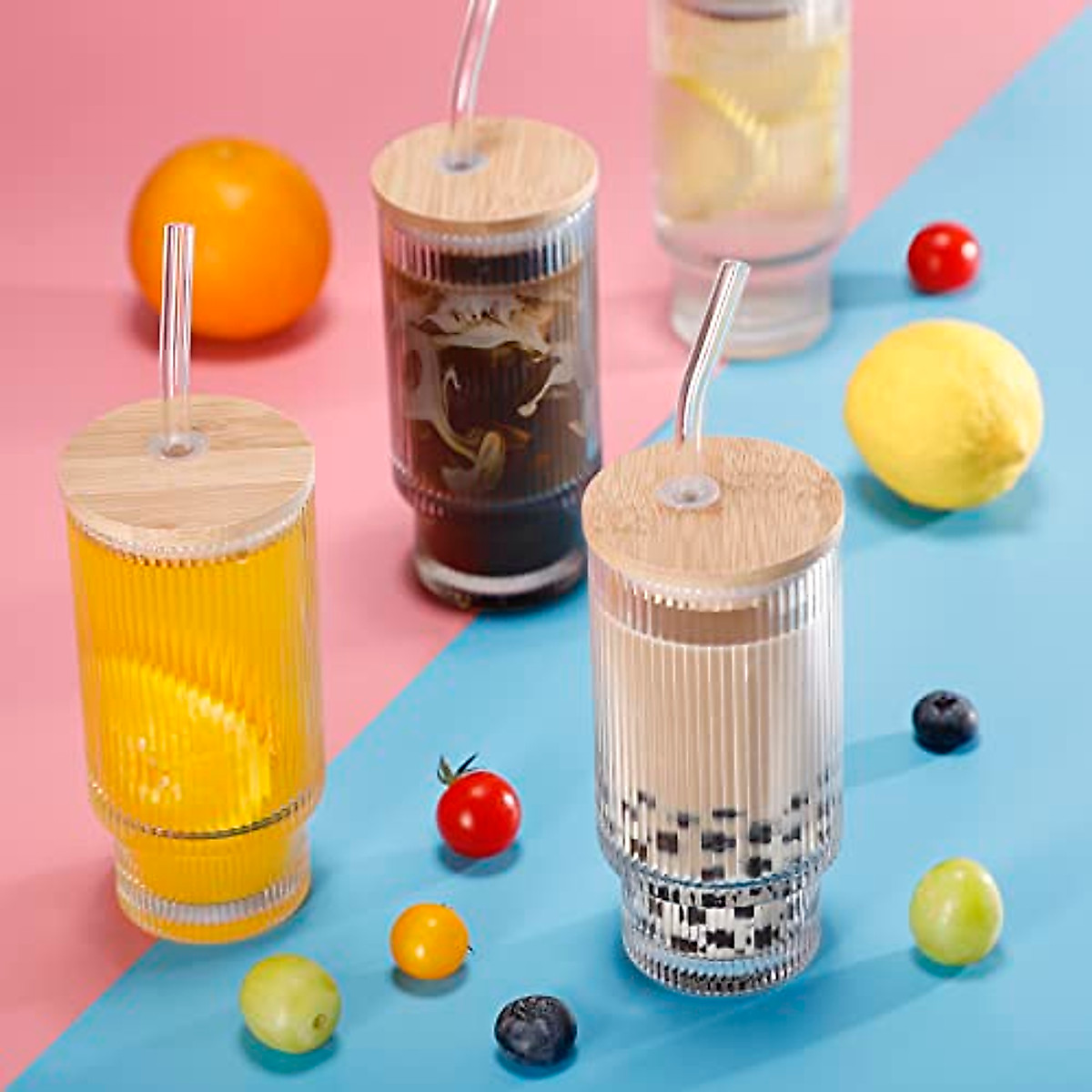 AKONEGE Ribbed Glassware Drinking Glasses with Lid and Straws, 12oz Ribbed Glass Cups Vintage Fluted Glassware Set of 4, Iced Coffee Cup, Coffee Bar Accessories for Whiskey Cocktail Beer Coffee Tea