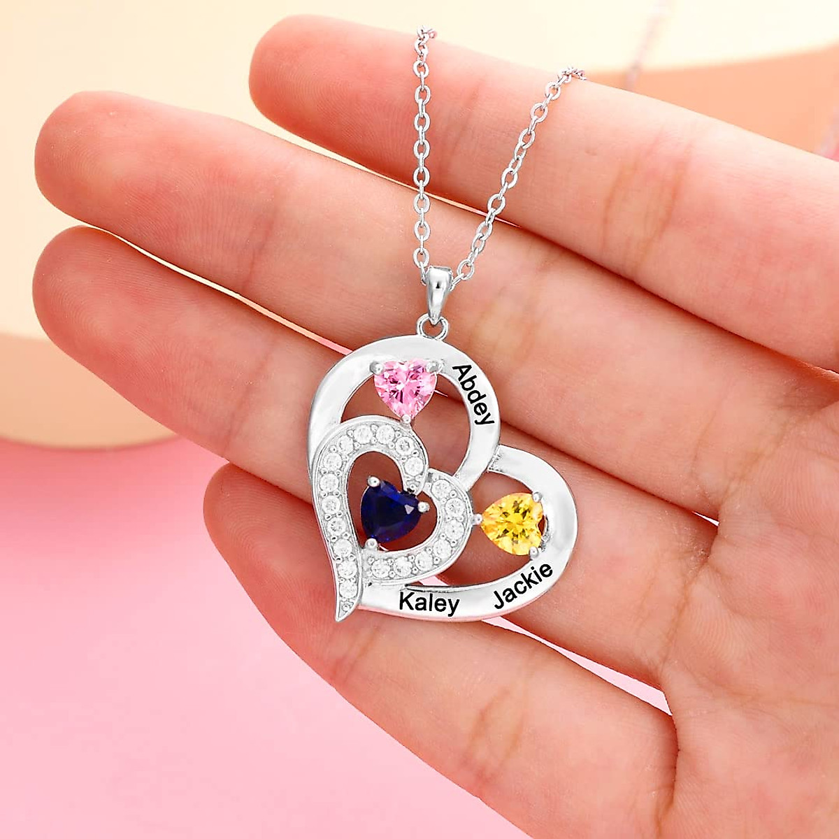 Mom Necklace,Personalized Mothers Day Necklace with Kids Names, Heart Birthstone for Women Custom Mother Name Mother's Birthday Gifts Wife Grandma (3 names)