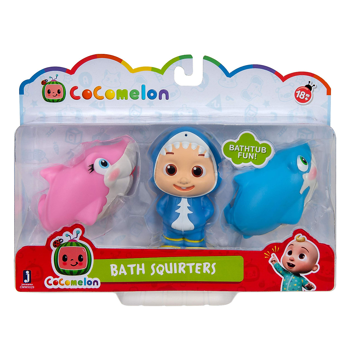 CoComelon Official Bath Squirters, Featuring JJ Character Toy (4” Tall) and 2 Sharks (4” Wide), Bath Time Fun Playset - Character Toys for Babies, Toddlers, and Kids