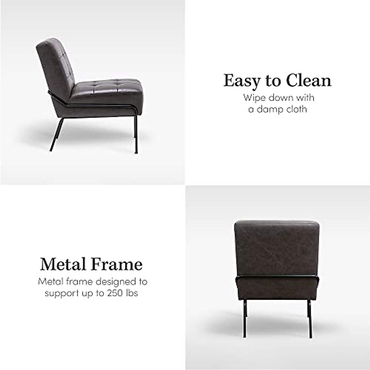 eLuxurySupply Armless Accent Chair | Upholstered Modern Living Room Chair with Metal Frame and Elegant Pintucking | Premium, Comfortable High Density Foam Cushion | Easy Assembly | Faux Black Leather