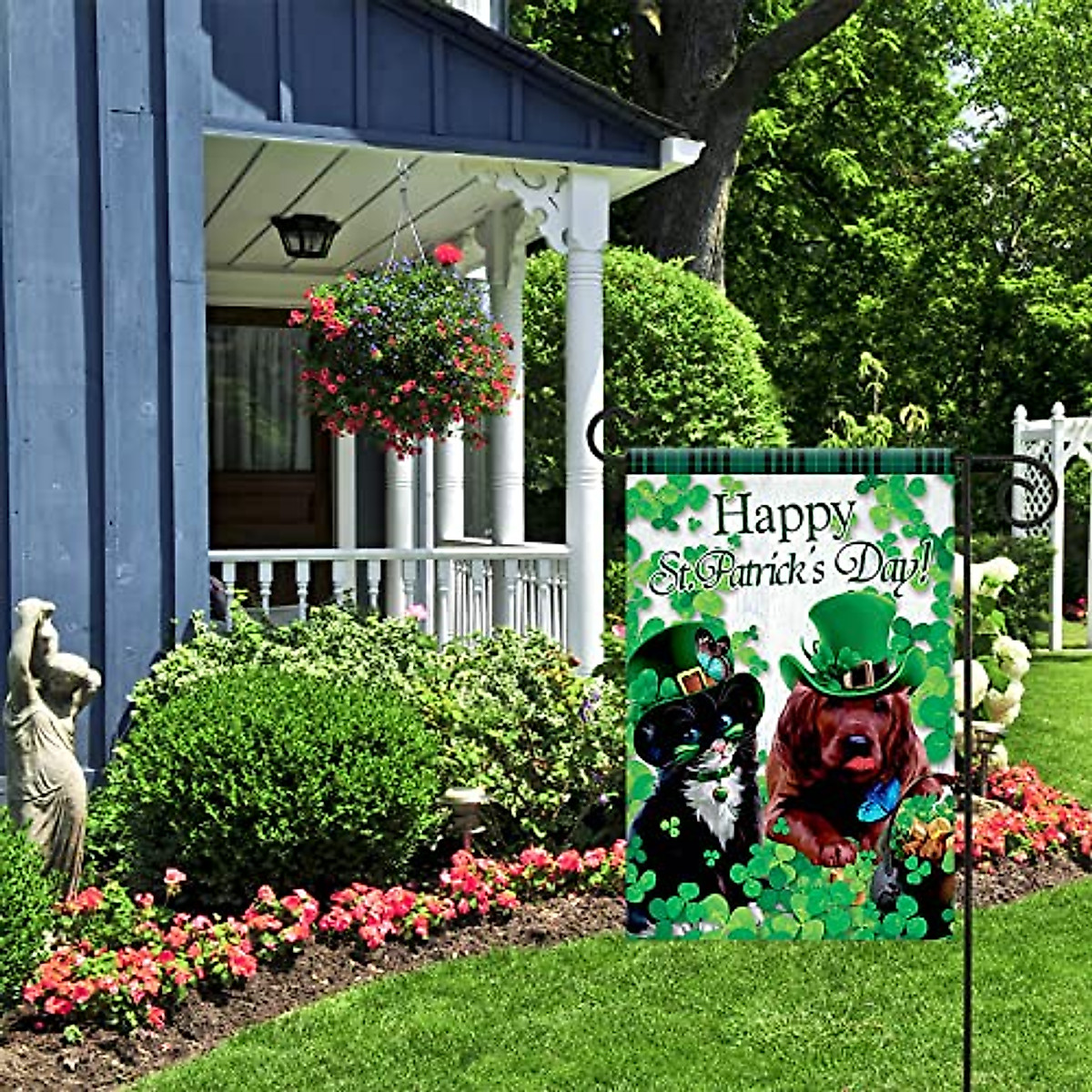 Morigins Cute Shamrock Cat and Dog with Green Hat Decorative Happy St. Patrick's Day Garden Flag Double Sided 12.5 x 18 inch