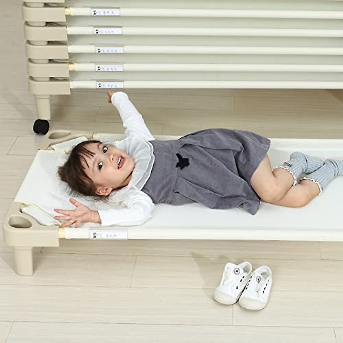 KRAND Kids Stackable Daycare Cot Rest Mat with Easy Lift Corners for Toddler Naptime at Preschool Classroom,Standard 22" W x 52" L (Ivory/Pack of 5, Wheels Included)