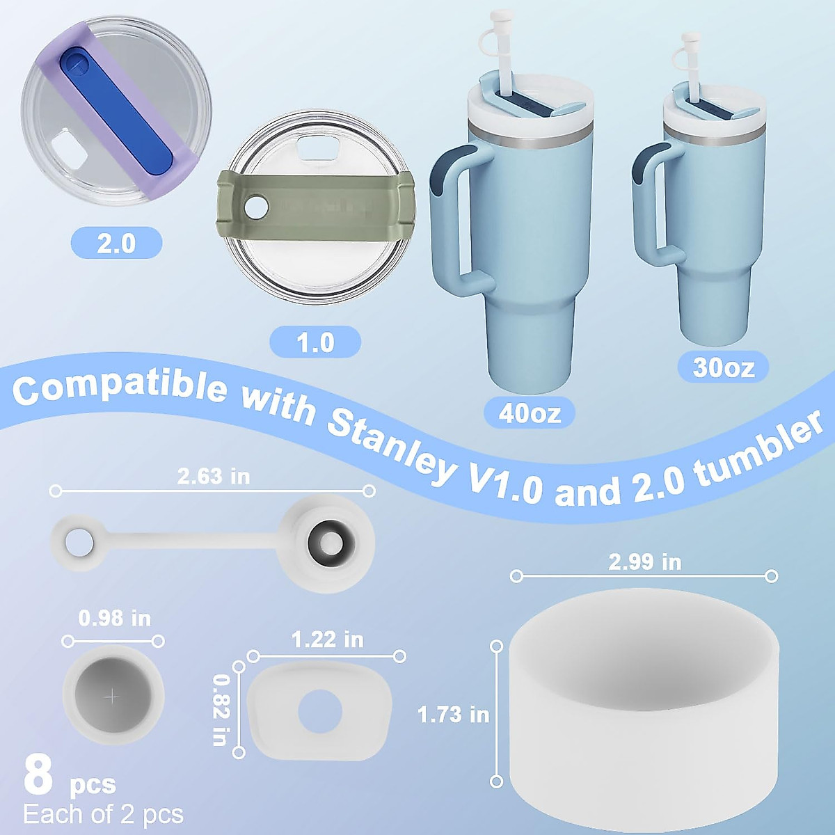 8 PCS Straw Cover Spill Stopper Boot Sleeve for Stanley Cup 40oz 30oz H1.0 H2.0, Include 2 Silicone Boot 2 Straw Cover Cap 2 Round Lid Stopper and 2 Square Spill Stopper(Clear)