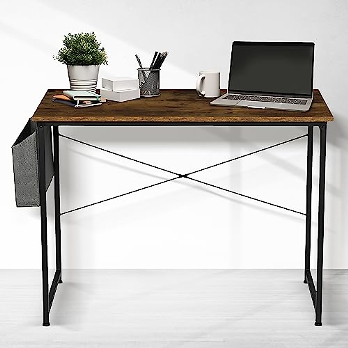 YSSOA 47 Inch Computer, Modern Simple Study Student Writing, Vintage with Storage Bag Wooden Desk, Brown