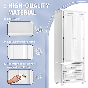 Tall Storage Cabinet with 2 Drawers and Double Door for Bathroom/Office, White Freestanding Kitchen Pantry Cabinet, Bathroom Cupboard w/Adjustable Shelf, Floor Cabinet Bookcase with Door (White-ty1)