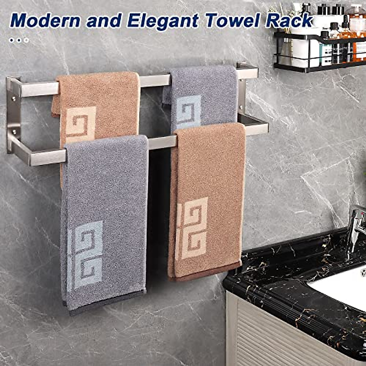 NearMoon Bathroom Towel Bar, Towel Rod Holder, Square Shelf Rack Hanging Towel for Bath, Thicken SUS304 Stainless Steel Towel Rack Wall Mounted-2-Tier Bathroom Accessories (24 Inch, Brushed Nickel)
