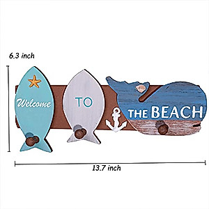 2-Pack Nautical Theme Hook Wall Mounted Wooden Coat Rack Key Hooks, Wooden Fish Welcome Key Holder for Wall with 3 Hooks Organizer, Welcome Door Wall Hook with Beach Nautical Decoration