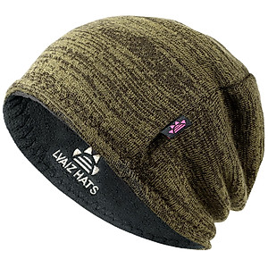 Lvaiz Winter Fleece Lined Knitted Beanie Hats for Men Reversible Windproof Watch Hat Warm Skull Cap for Women(Khaki+Grey)
