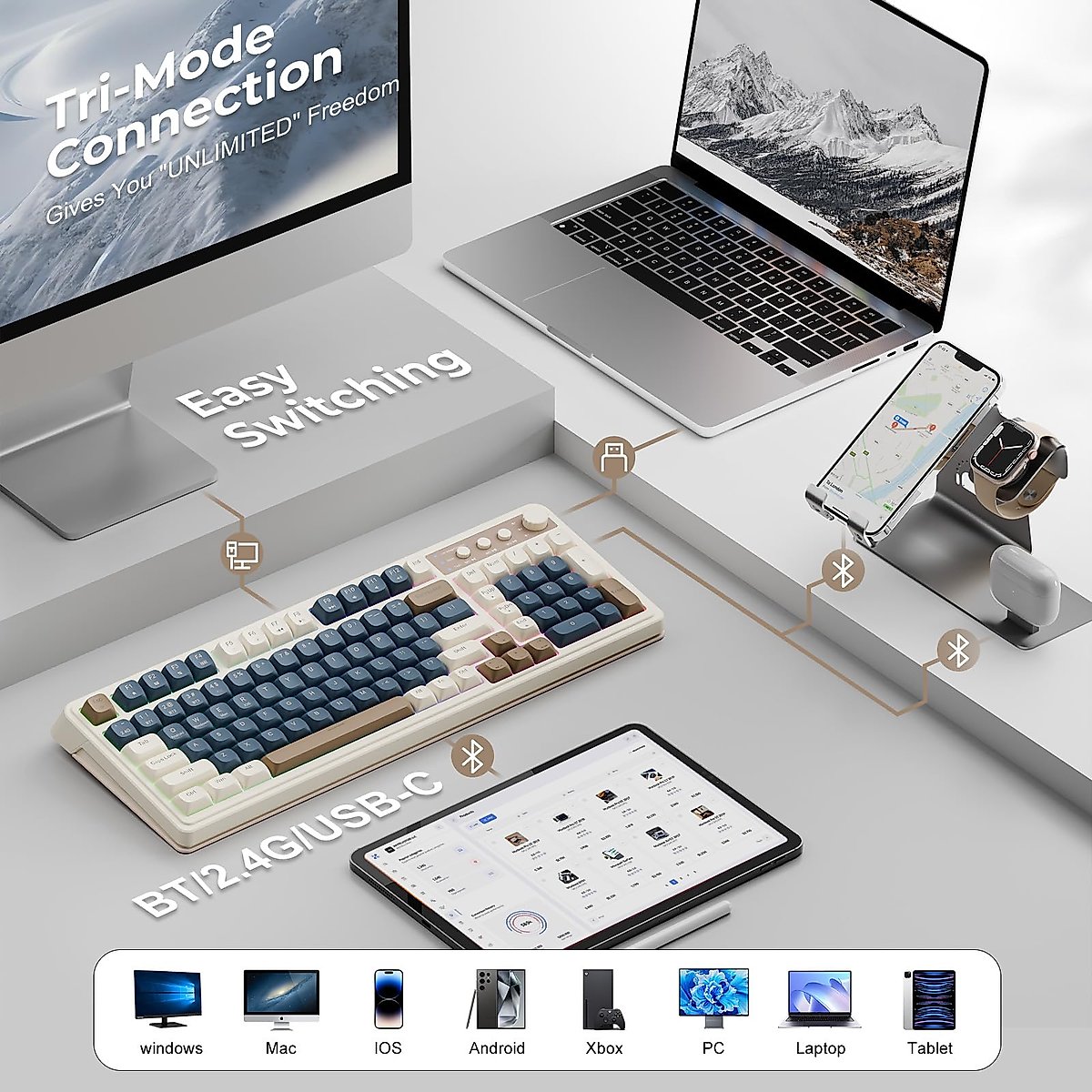 AULA 99 Wireless Keyboard, Custom Computer Keyboard, Tri-Mode Bluetooth 5.0/2.4GHz/USB-C Cute Creamy Gaming Keyboards with Number Pad, RGB Backlit Media Knob Programmable Keybaord for PC Gamer - White